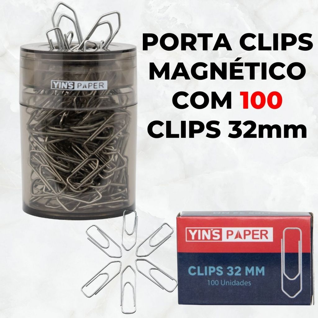 Porta Clips Magnetico com 100 Clips 32mm n2,0 Organizador de Clips Yins ...
