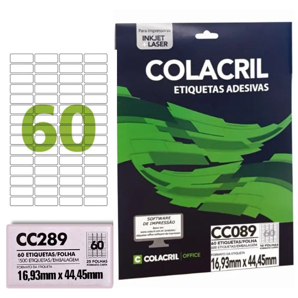 Etiqueta Adesiva A4 CC089– 25 Folhas com 60 Etiquetas (16,93mm x 44 ...