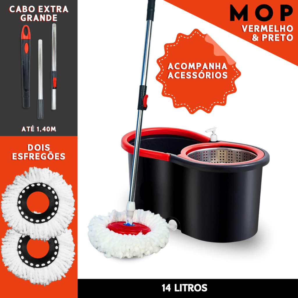 Mop Giratorio C/2 Refil Com cabo de 140 cm Cesto Em Inox - Balde ...