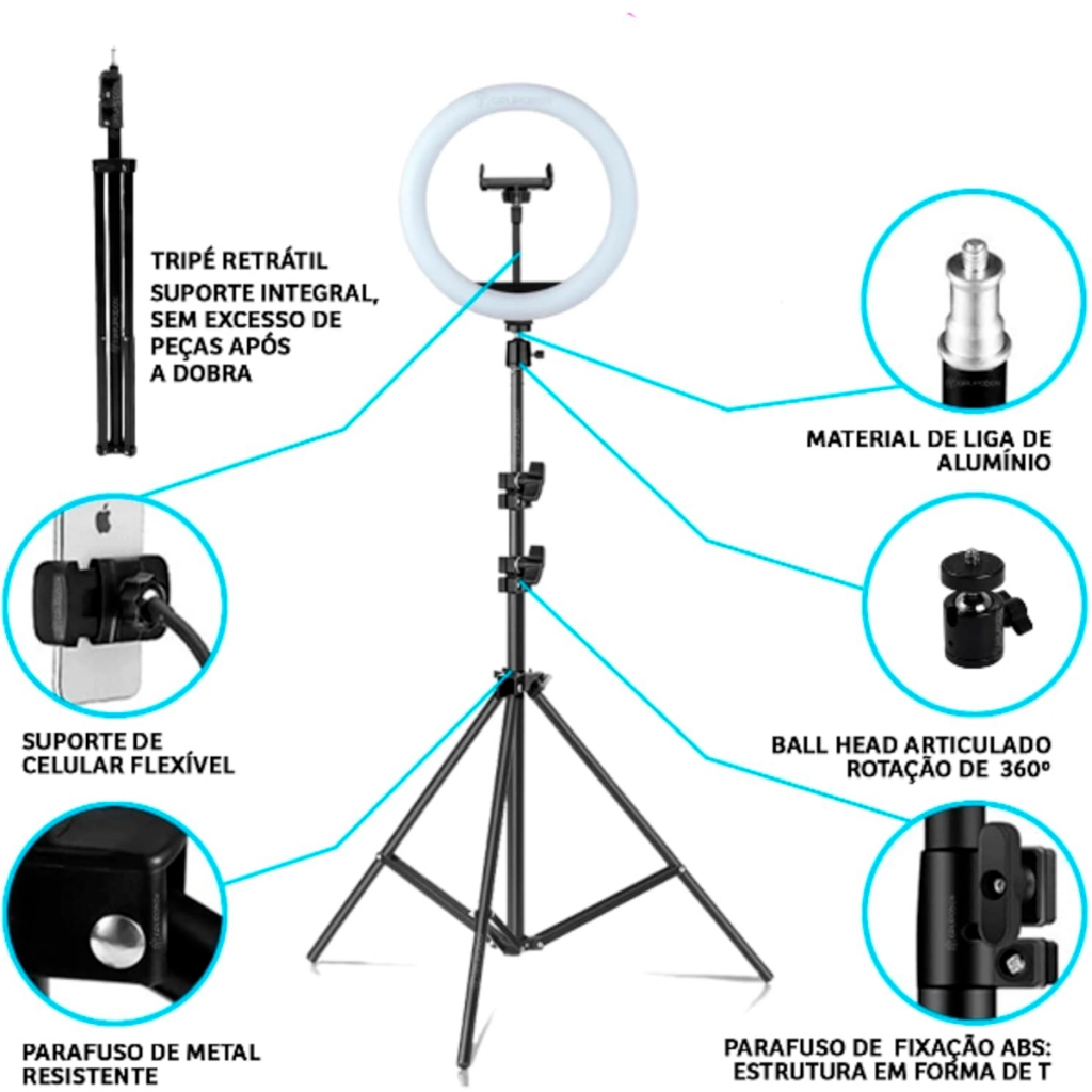 Ring Light Led Iluminador 26cm com Tripé 2.10m o mais Completo | Shopee Brasil