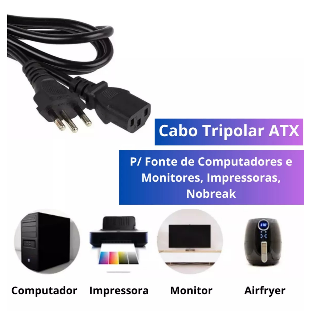 Cabo De Força Cpu Atx Computador Pc Monitor 3 Pinos novo padrão ...