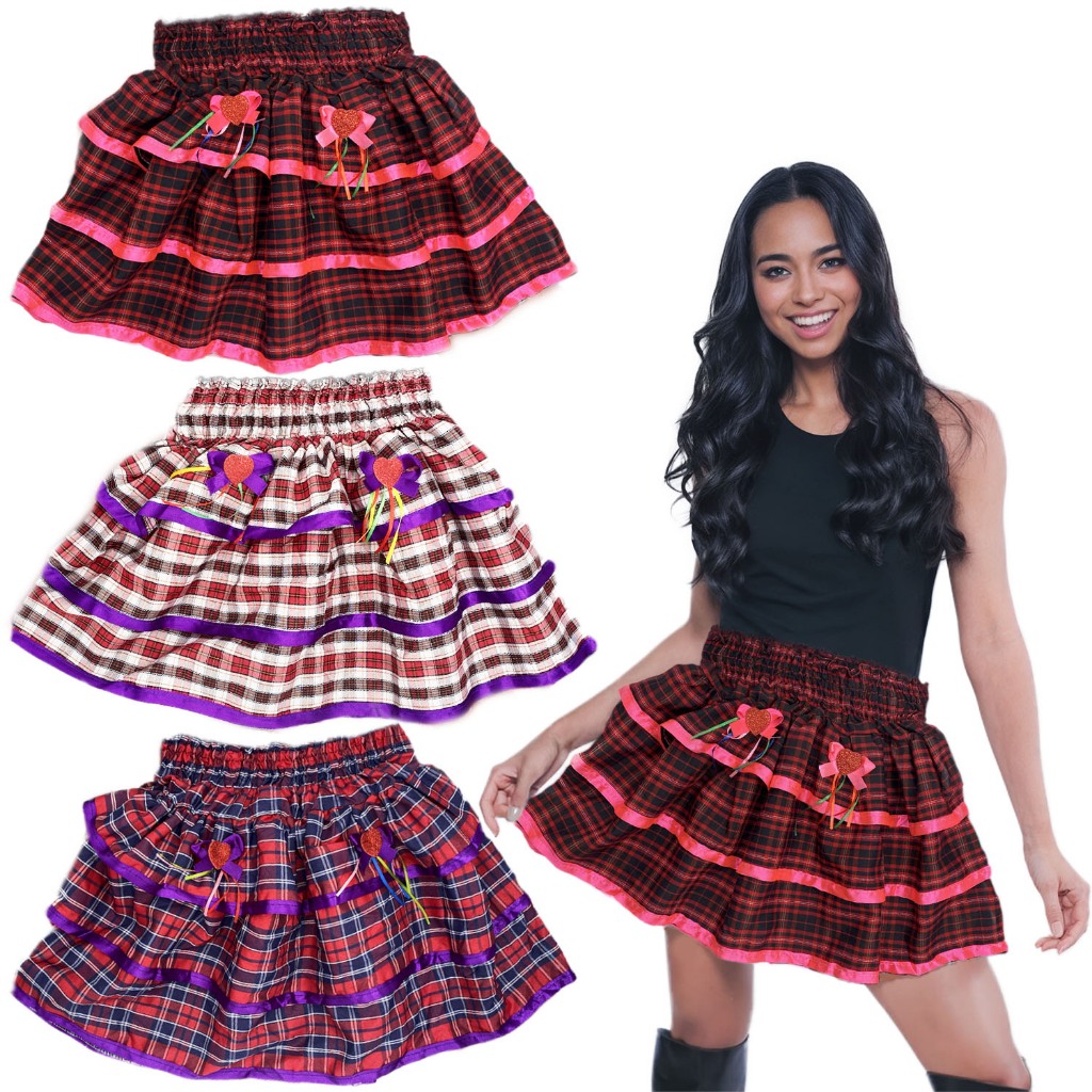Saia Caipira Adulto Rodada Três Babados Curta Festa Junina Arraia São ...