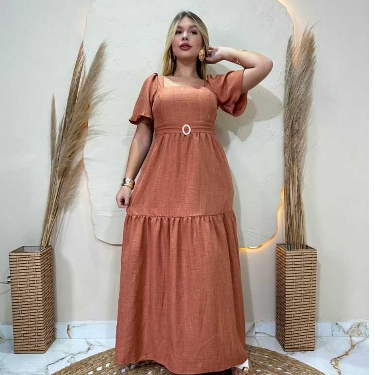 VESTIDO LONGO MANGA CURTA LATEX NAS COSTAS E CINTO DO PROPIO TECIDO COM ...