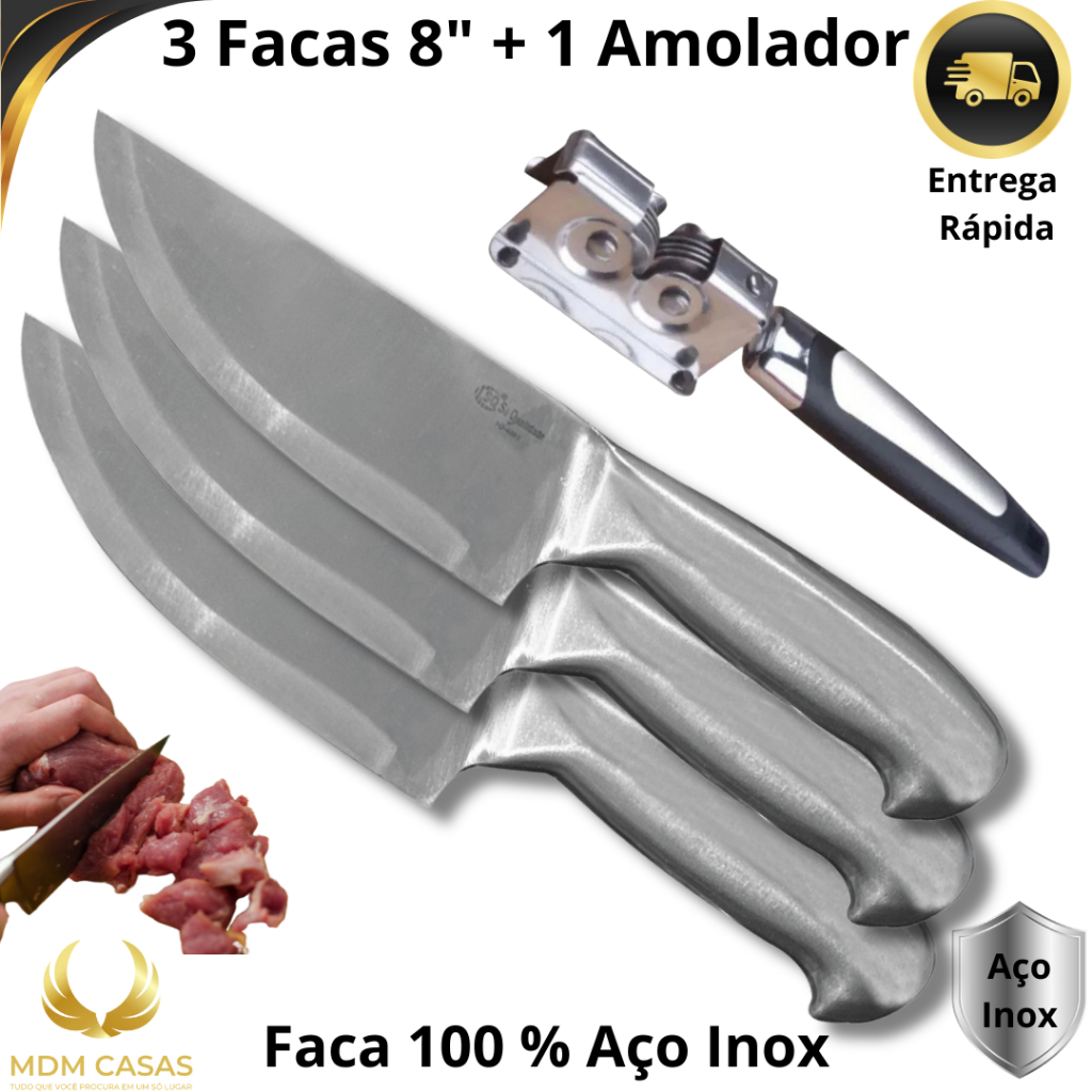 Kit 3 Faca 8 Polegada 100%Aço inox Linha Texas + 1 Amolador Afiador de ...