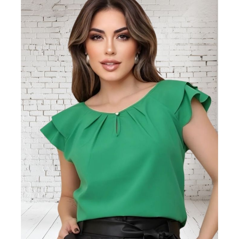 Blusa Feminina Elegante Blusa Social Manga Curta Babado Manga Princesa ...