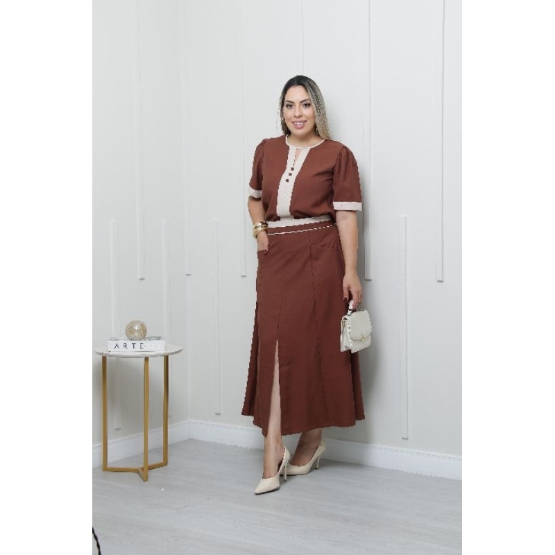Conjunto Blusa e Saia com Fenda Feminino Bicolor Com Bolso Tecido ...