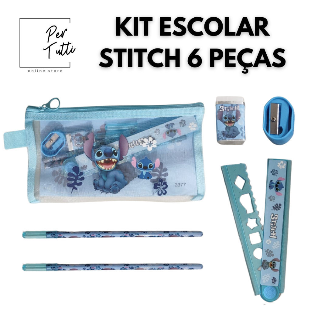 kit Material Escolar Stitch Lápis Borracha Régua Apontador e Estojo ...