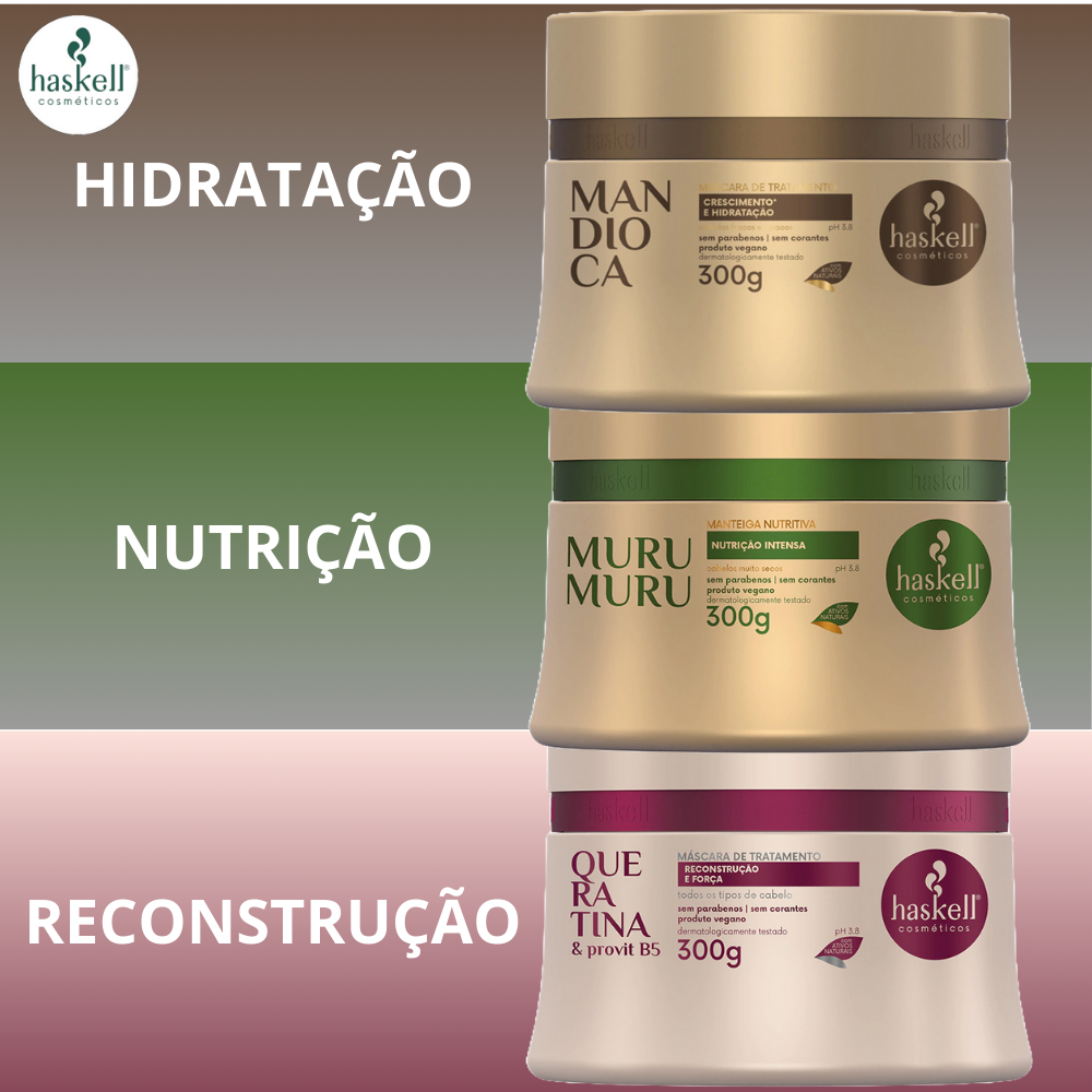 Kit Máscaras Cronograma Capilar Haskell (Mandioca, Murumuru e Queratina &Provit B5) | Shopee Brasil