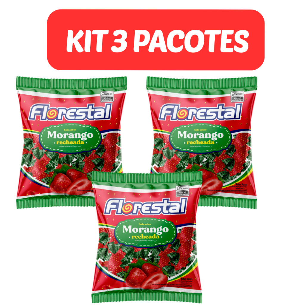3 Pacotes Bala de Morango Recheada 500g Cada Florestal | Shopee Brasil