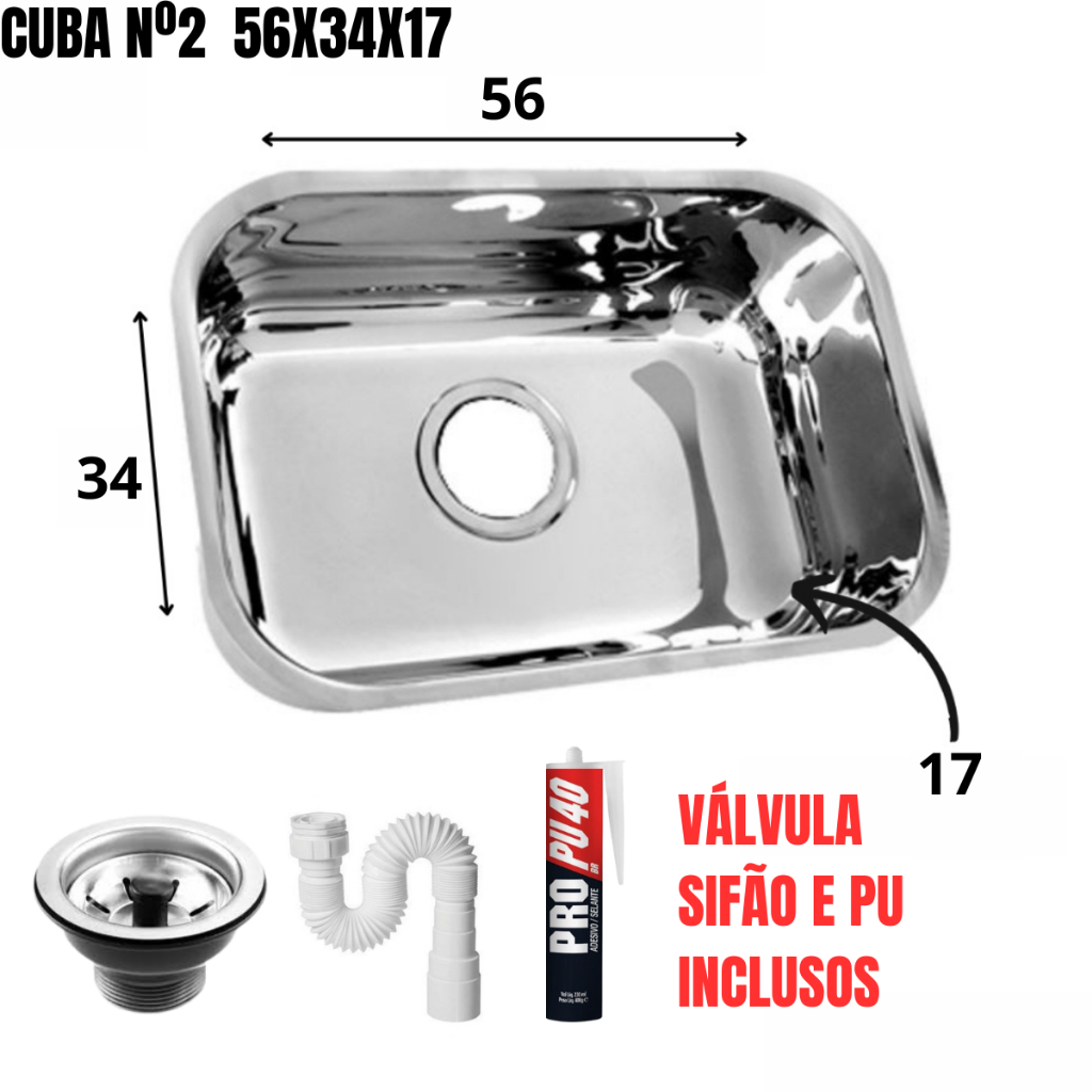 Cuba Cozinha Pia Inox N2 56x34x17 Inox 430 Polido Tecnocuba + Válvula ...