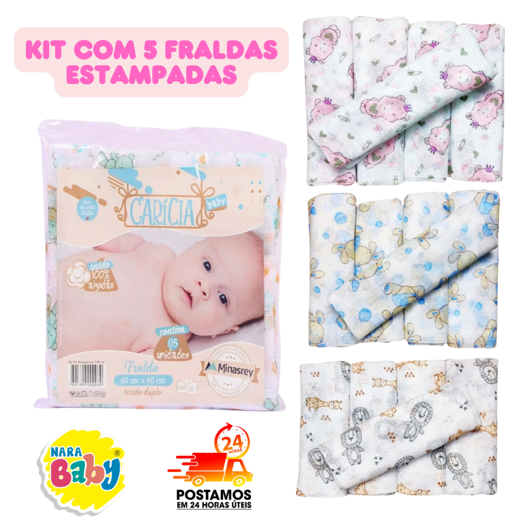 Fralda de Pano Bebe Kit com 5 Unidades 60x60cm 100% algodão Minasrey ...