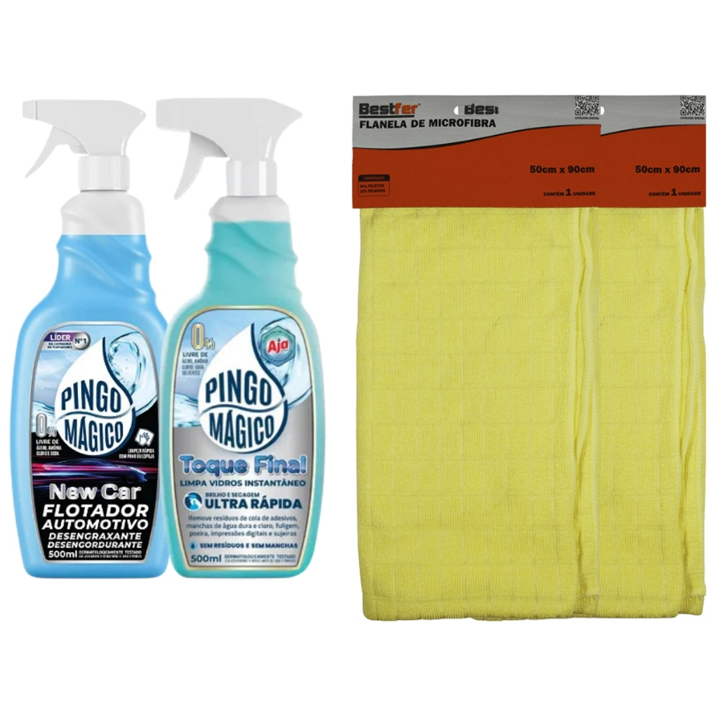 Pingo Mágico Limpa Vidro + New Car Automotivo + 2 Flanelas | Shopee Brasil