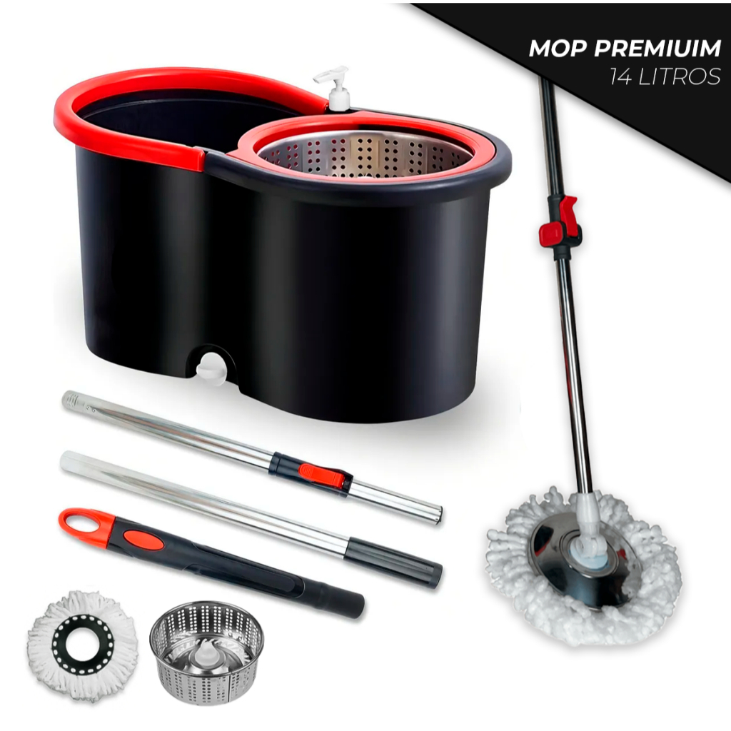 Mop C/ cabo de 140 cm + 2 Refis - Rodinhas e Cesto Em Inox - Balde ...