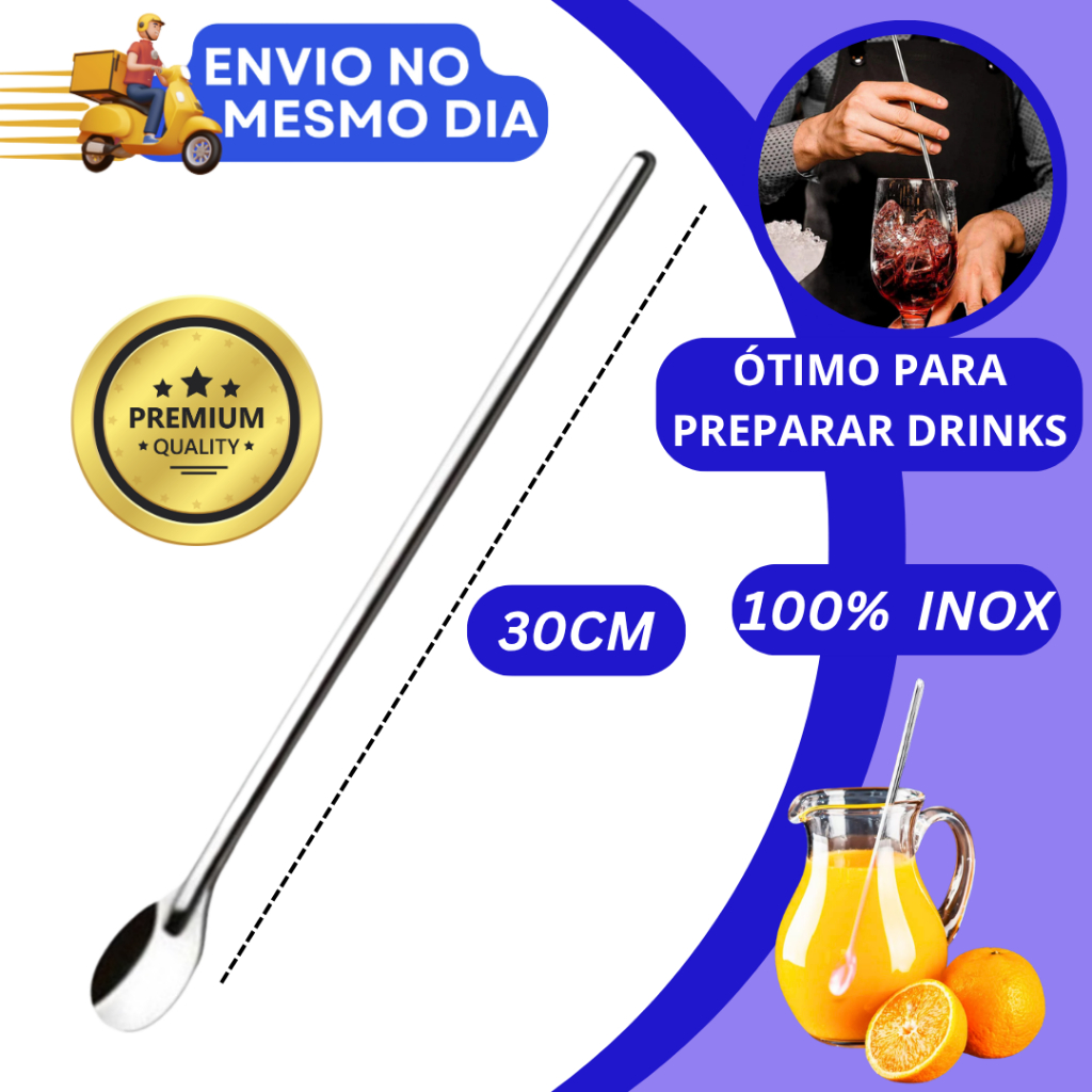 Colher Bailarina em Aço Inox 30cm para Mexer Misturar Suco Drinks ...