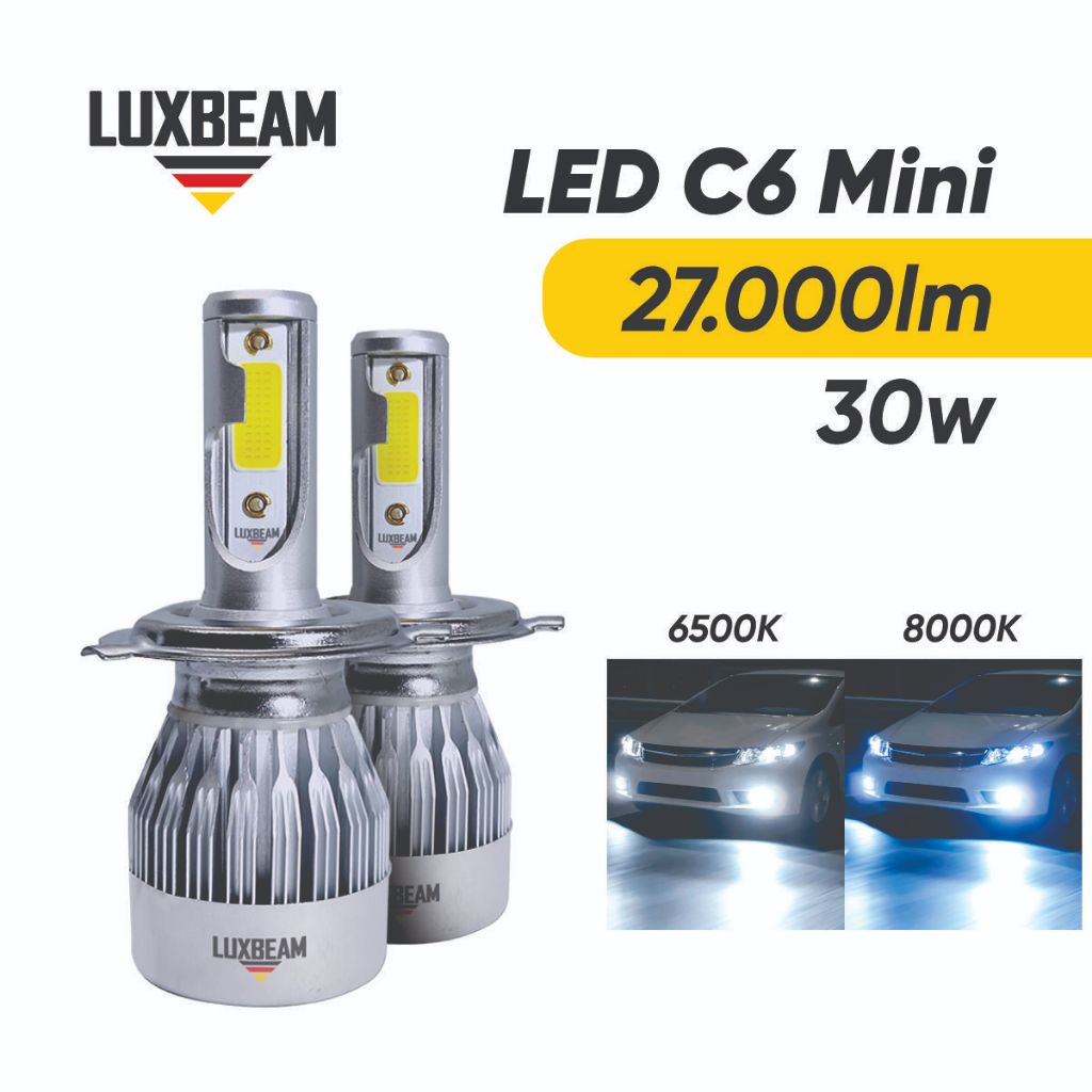 Par Super Led C6 Mini 8000k H1 H3 H4 H7 H11 H8 HB3 HB4 Lâmpada Luxbeam 6500k Branca Efeito Xenon ...