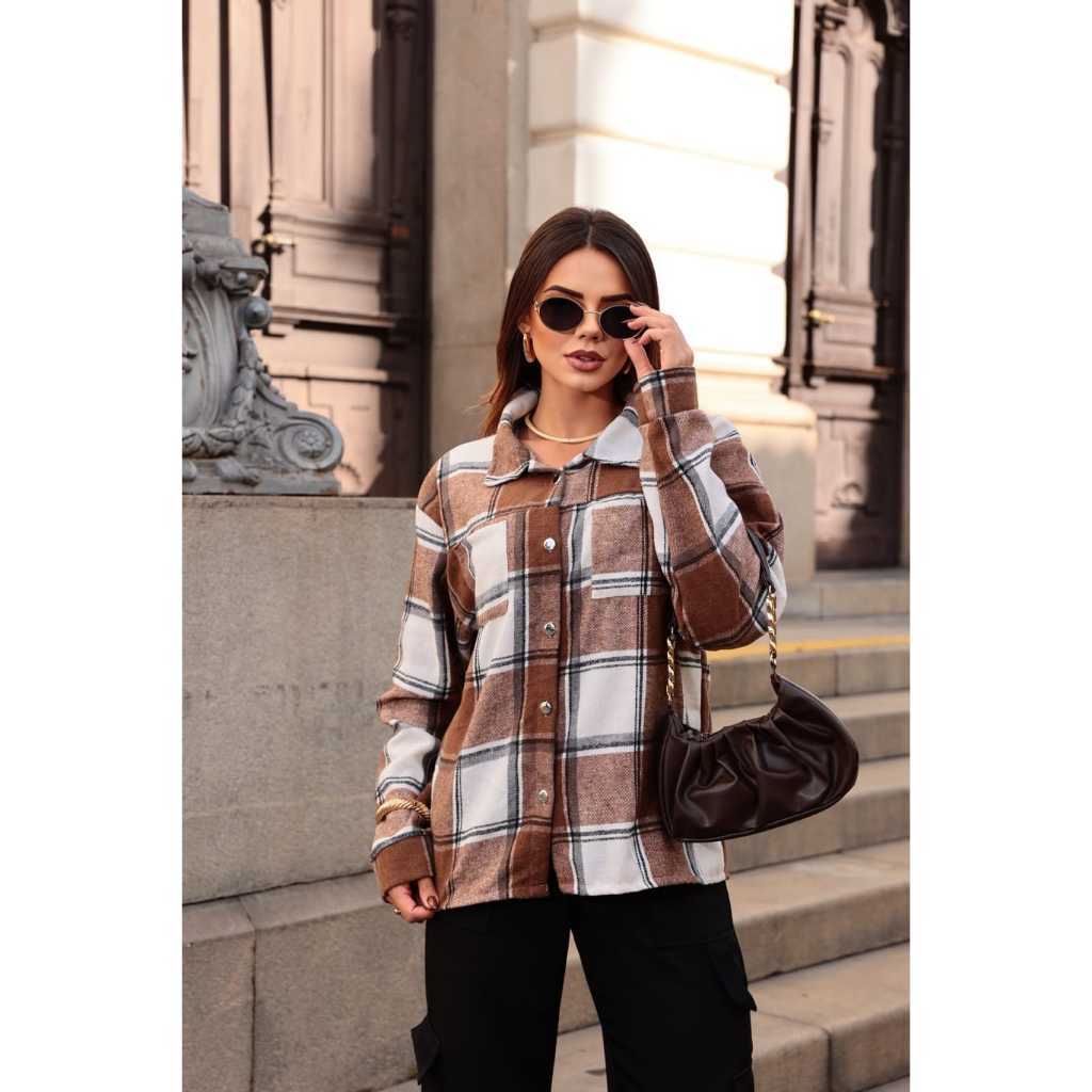 Casaco Feminino Xadrez Tecido Flanelado Manga Longa Outono Inverno Camisa Feminina Quadriculada ...
