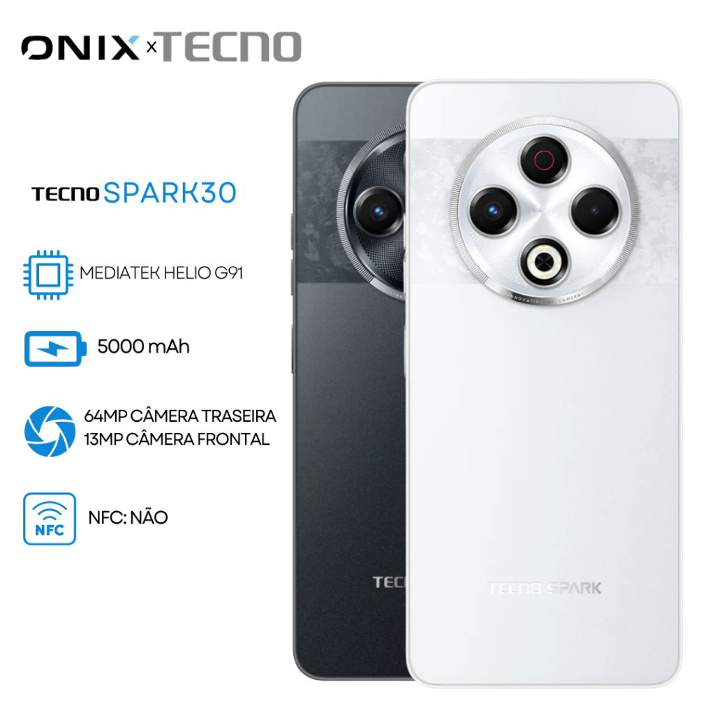 Tecno Spark 30, 256GB/8GB RAM, Processador Mediatek Hélio G91, Câmera 64MP, Bateria 500mAh ...