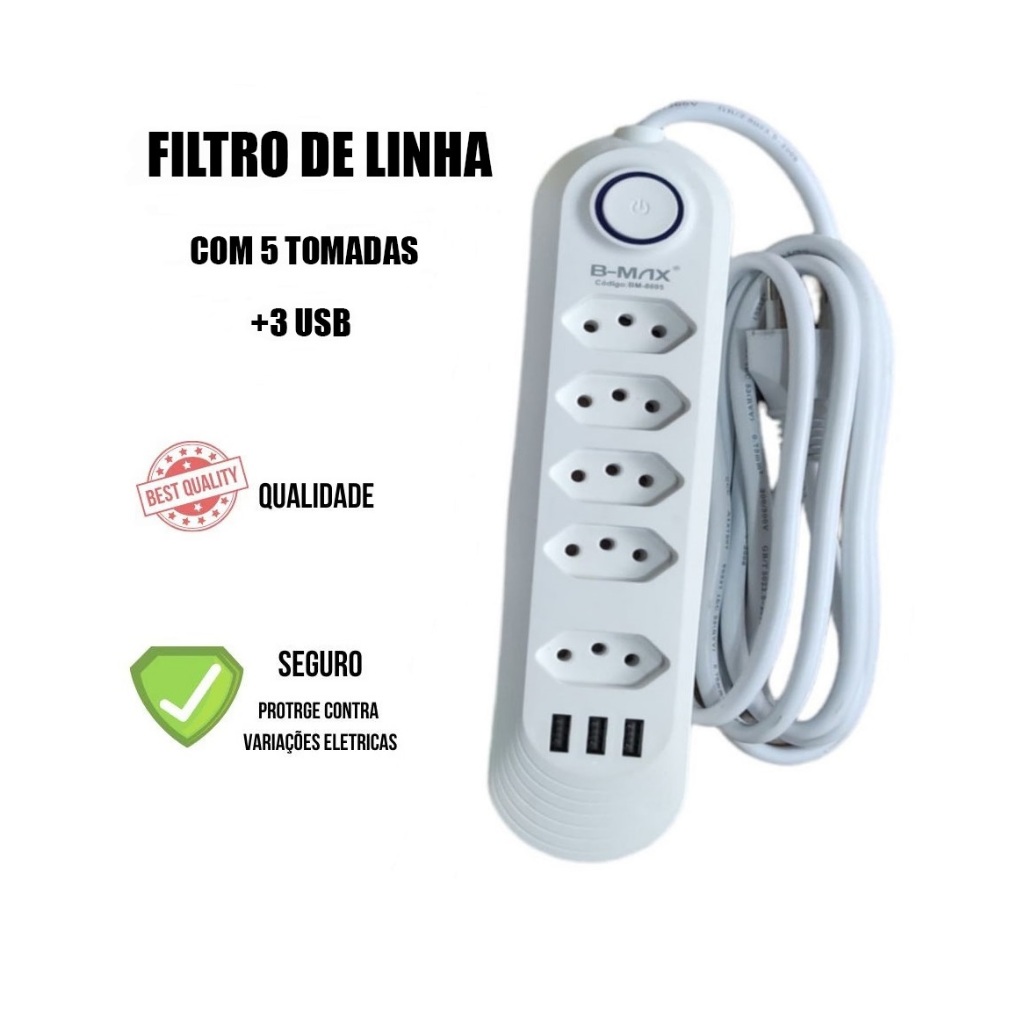 Extensão Filtro de Linha Régua com 5 Tomadas 3 USB Botão Liga e Desliga e Cabo de 2 Metros ...
