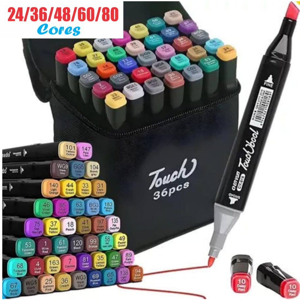 Canetinhas - Marcadores - 24/36/48/60/80/120 - Ponta Dupla - para Livro de Colorir - Touch ...