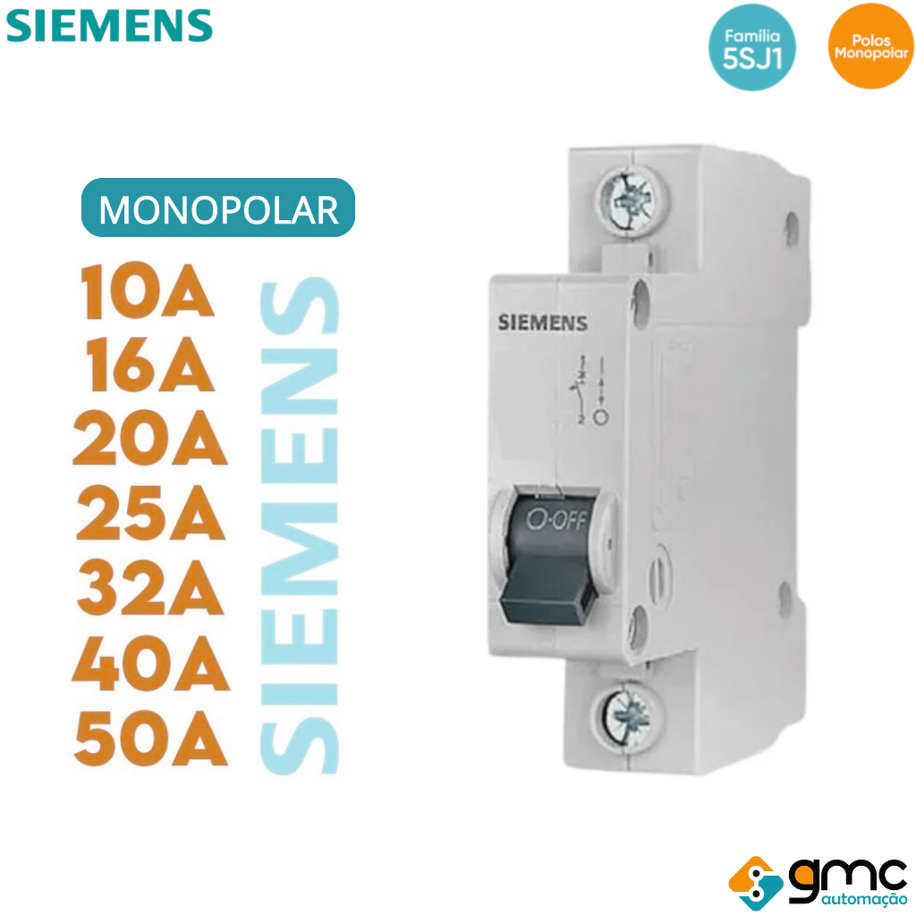 Disjuntor Siemens Monopolar 5SJ1 Curva C 10A, 16A, 20A, 25A, 32A, 40A, 50A | Shopee Brasil