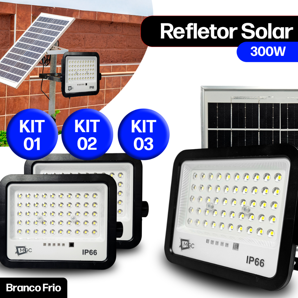 Kit 3/2/1 Luminária Refletor Com Placa Solar LED 300W Branco Frio IP66 ...