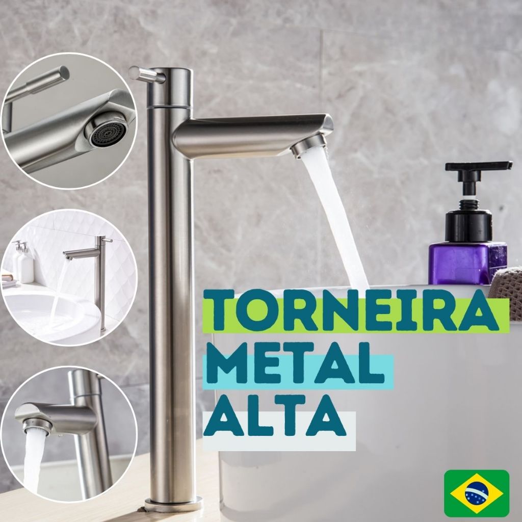 🔥Torneira Bancada Alta Bica Reta Aço Inox Escovado Cromado Fosco 1/4v ...