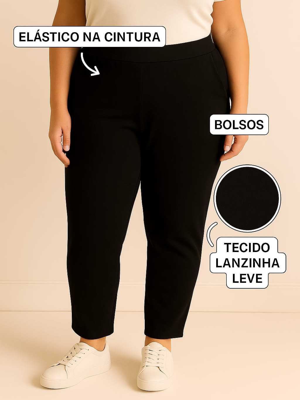 Kit 3 Calças Plus Size Feminina Moda Inverno Cintura Alta Reta Bolsos ...