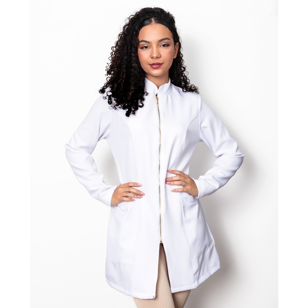 Jaleco Feminino Slim Manga Longa com Zíper Dourado Tecido Alfaiataria com Elastano PP ao GG ...