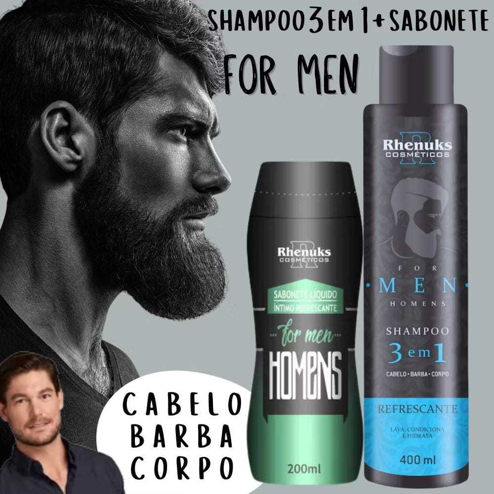 KIT For Men com Shampoo 3 em 1 c/ 400 ml para cabelo barba e corpo ...