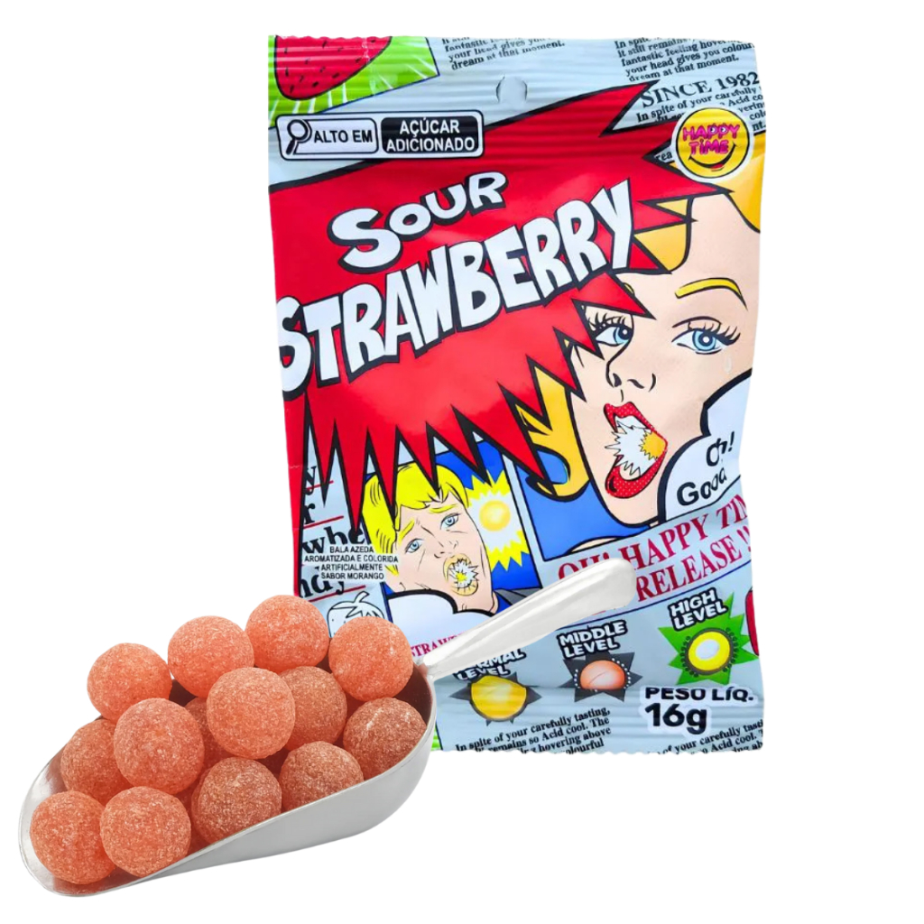 Bala Super Azeda Sour Strawberry Morango Happy Time 16g | Shopee Brasil