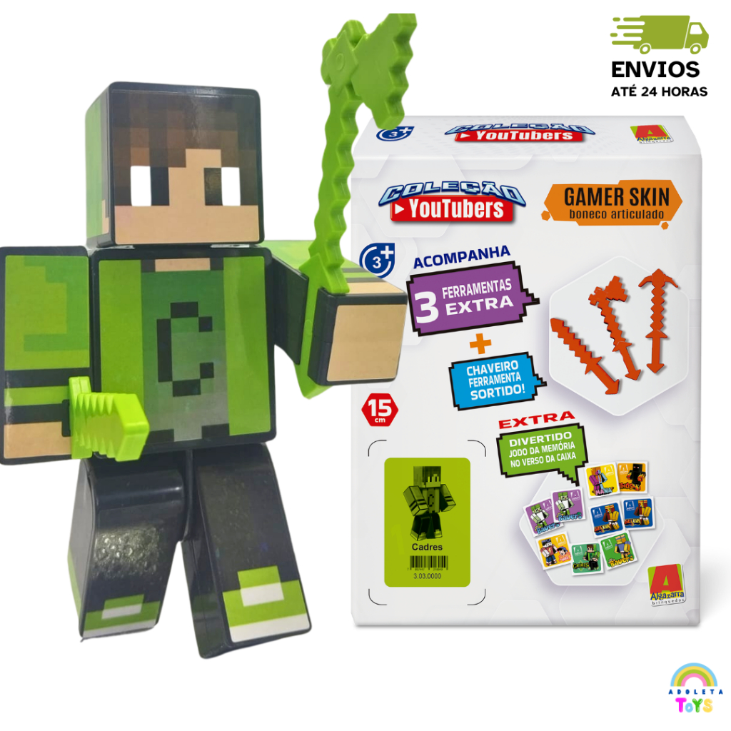 Boneco Cadres 15 cm Minecraft Com Espada + Picareta + Machado + 1 ...
