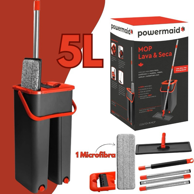 Mop Flat Inox Rodo Com Balde Lava E Seca Base Flexível Vermelho/Cinza ...