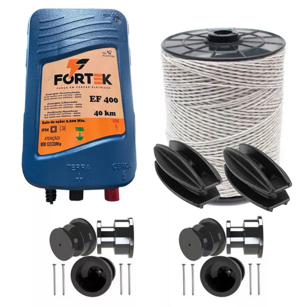 01 Eletrificador FK40 Bivolt - 100m Fio Eletro BR + 30 Roldana 30x30 PT ...