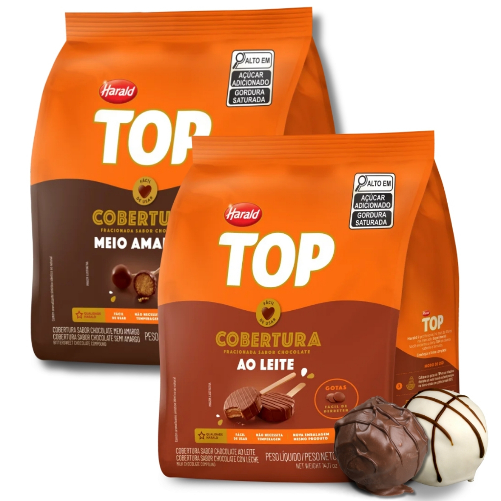 Kit Cobertura Fracionada em Gotas Harald Top – Chocolate Meio Amargo + Ao Leite (400g cada ...