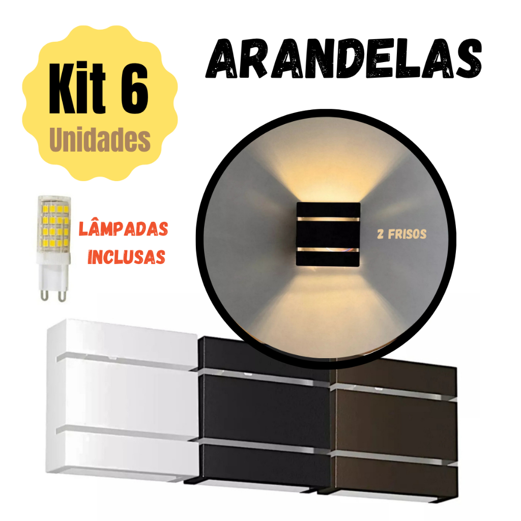Arandela Externa Com Lâmpada LED Kit C/6 UND Luminária 2 Frisos 2 Focos ...