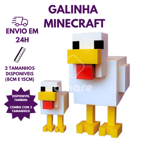 Boneco Galinha Minecraft 3D - Geek Decorativo em 2 Tamanhos - Presente ...