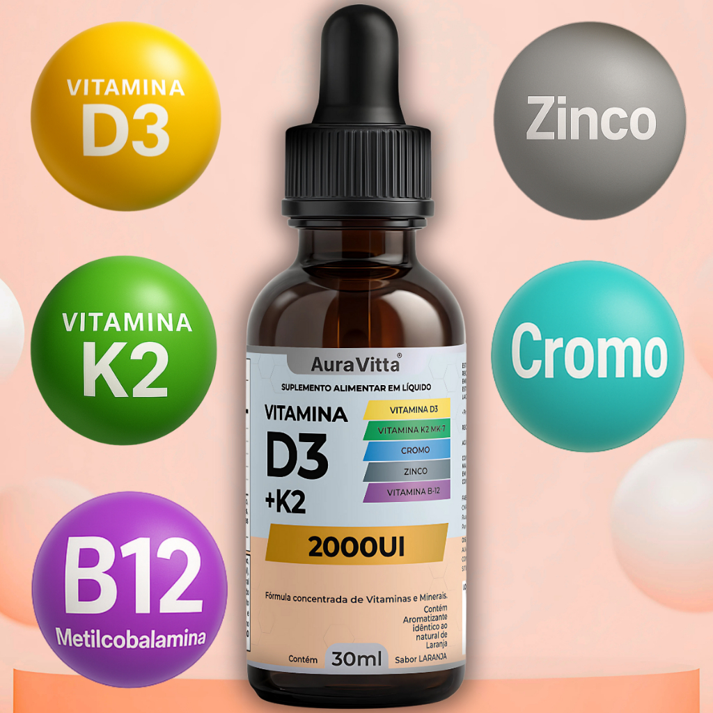 Vitamina D3 + K2 MK7 Concentrada 30ml AuraVitta – Gotas Sublingual – Saúde Óssea e Imunidade D ...