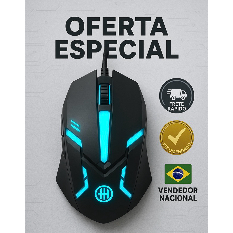 Mouse Gamer com LED Azul USB 1200 DPI - Design Ergonômico, Alta ...
