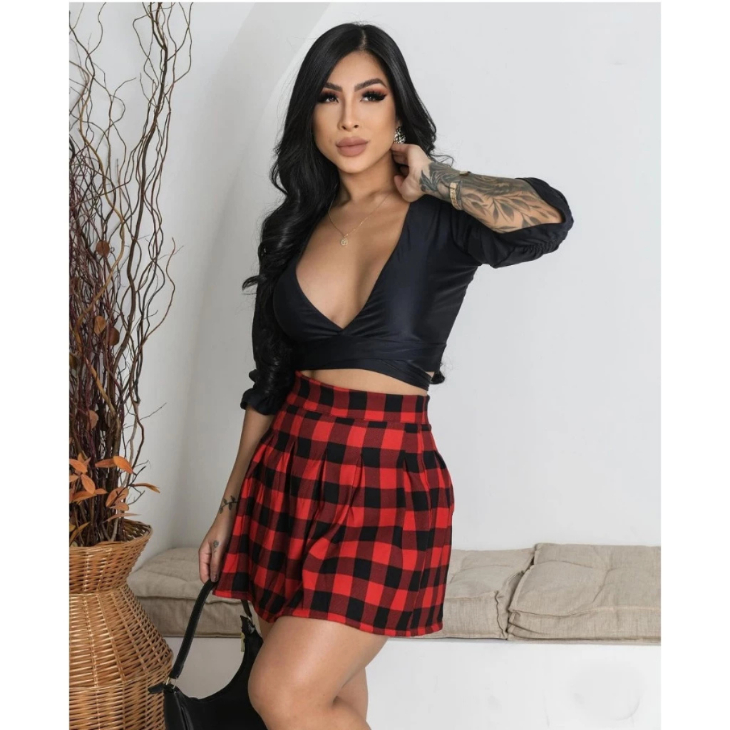 Saia Xadrez Rodada Plissada Colegial Quadriculada Festa Junina | Shopee Brasil