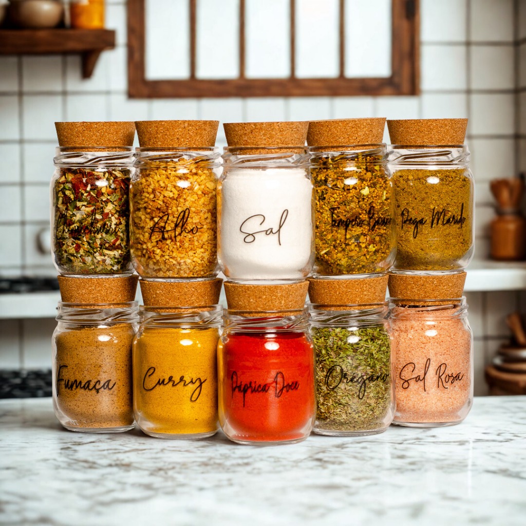 Kit Potes de Tempero 200ml - Porta Temperos - Cartela de Temperos com ...
