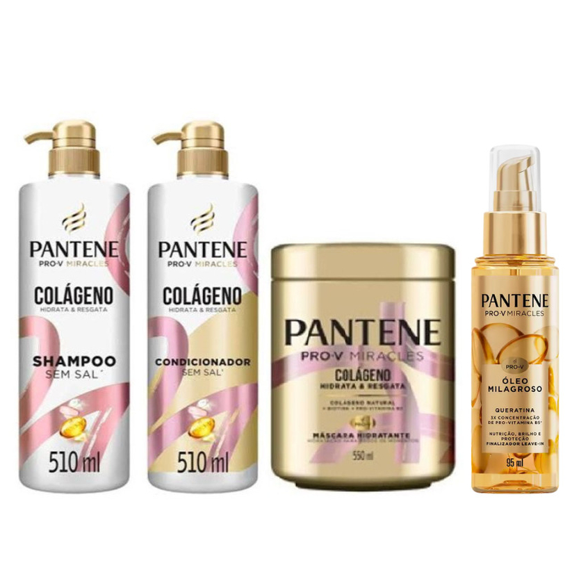 Kit Pantene Shampoo 510ml, Condicionador 510ml, Máscara Colágeno 550ml e Óleo Milagroso 95ml ...