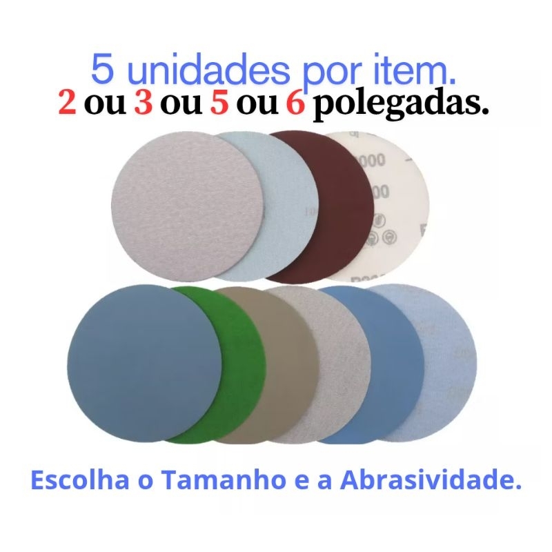 5 unidades, 2 ou 3 ou 5 ou 6 polegadas. Lixas com Velcro sem Interface de Espuma. Se precisar ...