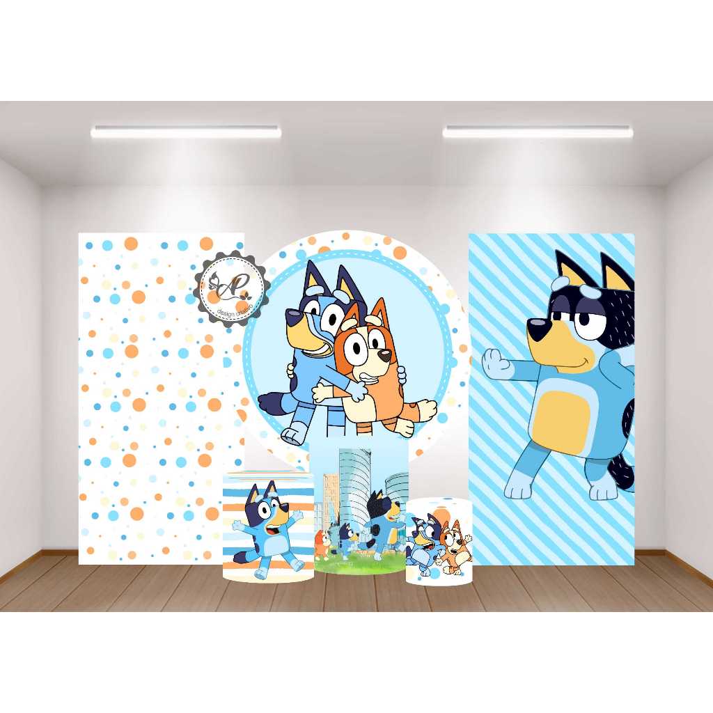 KIT PARA FESTAS, TEMA BLUEY, REDONDO 1,5m DE DIÂMETRO + CILINDROS + 2 ...