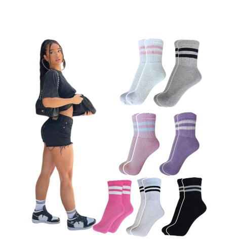 Meia Feminina Academia Kit 05 Pares Confortável com Listras Ótima para ...