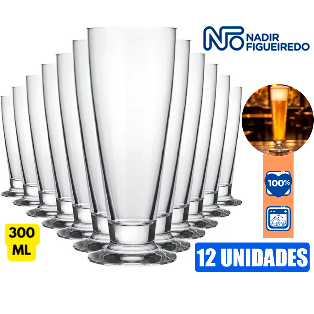 Jogo Kit 12 Tulipa Reta Copos de Vidro Transparente 300ml Buffet Cerveja Drink Bar Restaurante ...