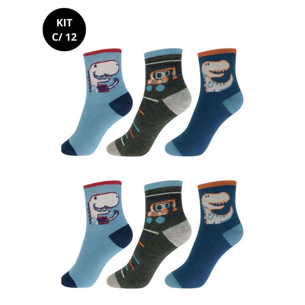 Kit 12 Meias Infantis Menino – Estampas Divertidas Que Não Desbotam ...