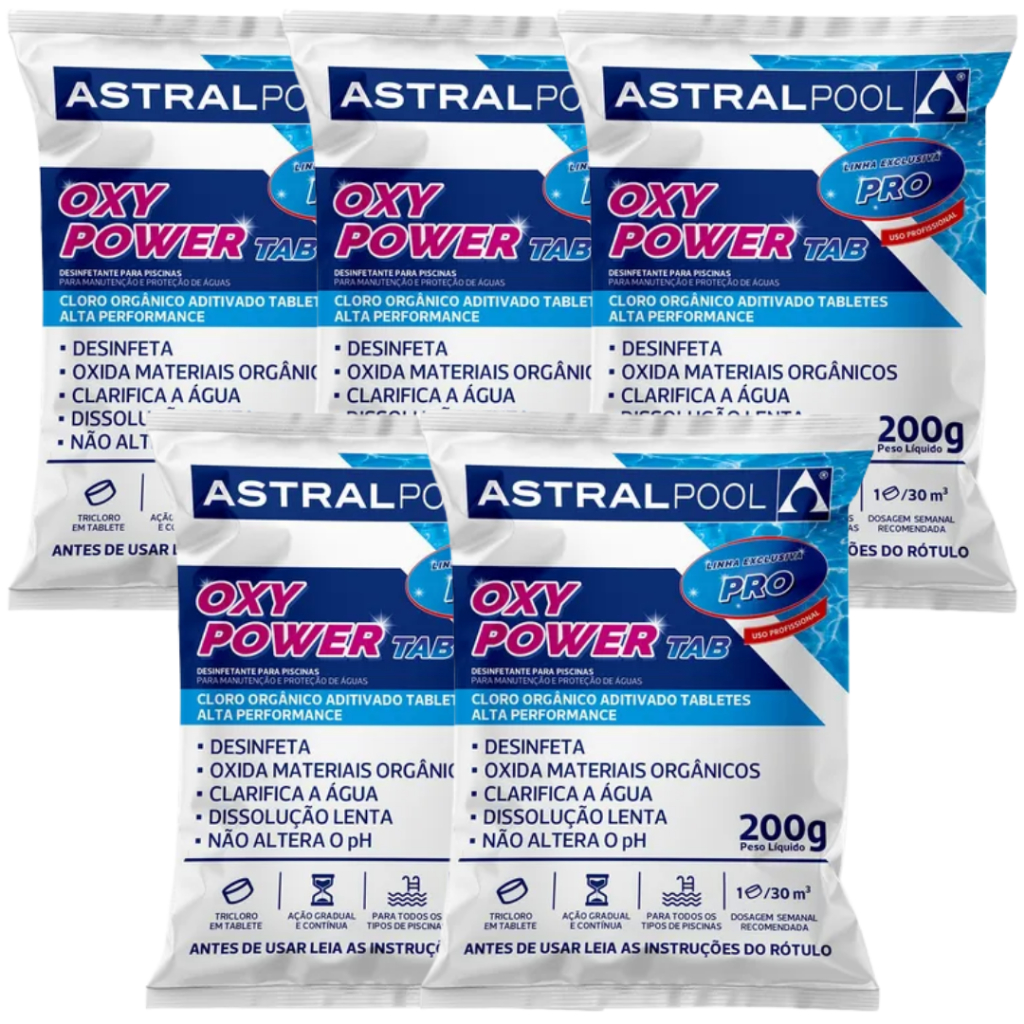 Kit 5 Pastilhas Oxy Power Tablete de Cloro Para Limpeza de Piscina 5 em 1 - 200g Astral Pool ...