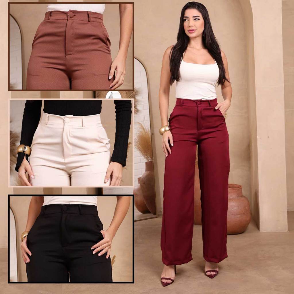 Calça Wide Leg Pantalona Alfaiataria Elegante Social Chique | Shopee Brasil