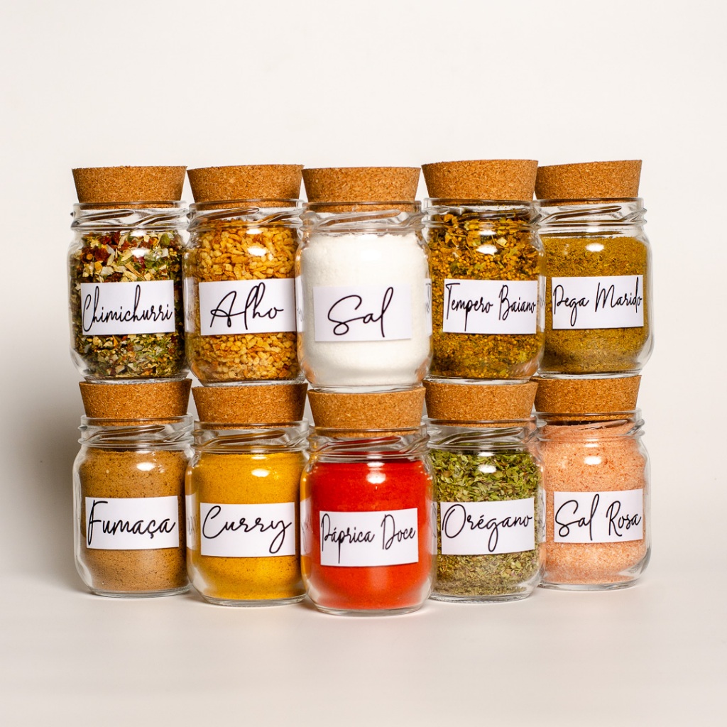 Kit 10 Potes de Tempero 200ml + Cartela com 42 Adesivos | Porta Tempero ...