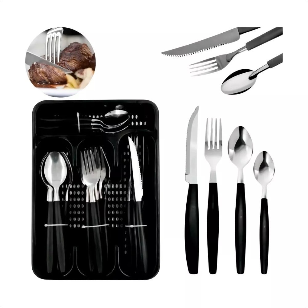 Talheres Faqueiro Colheres Kit Conjunto em Aço Inox Preto 25 Peças cabo ...
